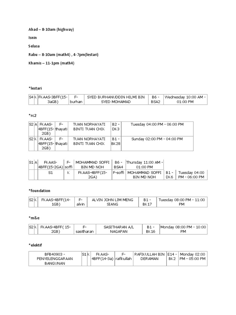 Ahad - 8-10am (Highway) Isnin Selasa Rabu - 8-10am (Math4), 4-7pm ... Ahad - 8-10am (Highway) Isnin Selasa Rabu - 8-10am (Math4), 4-7pm ...