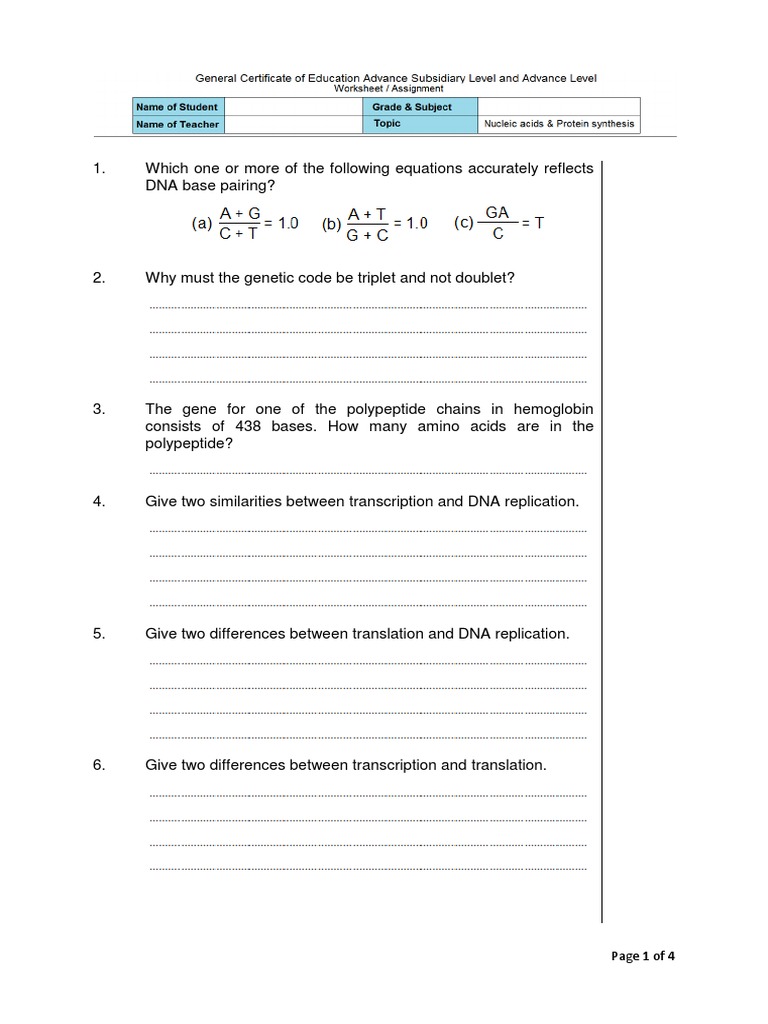 Worksheet As Level Nucleic Acids and Protein Synthesis 1 | PDF ...