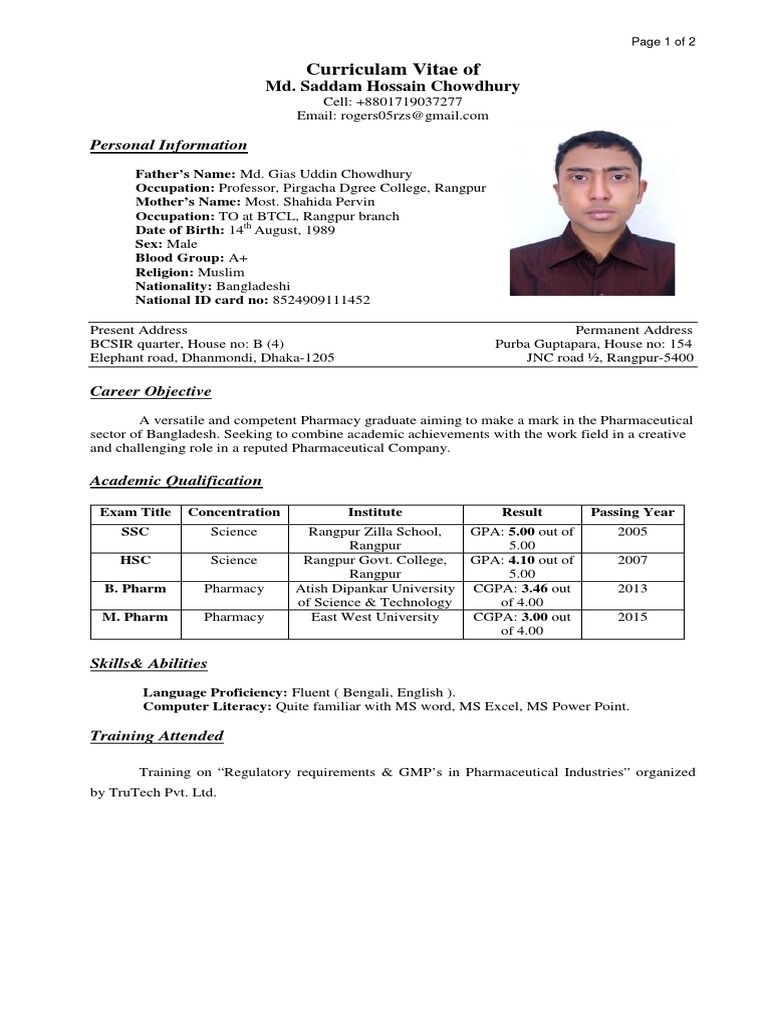 CV of Saddam | PDF | Bangladesh | Pharmacy