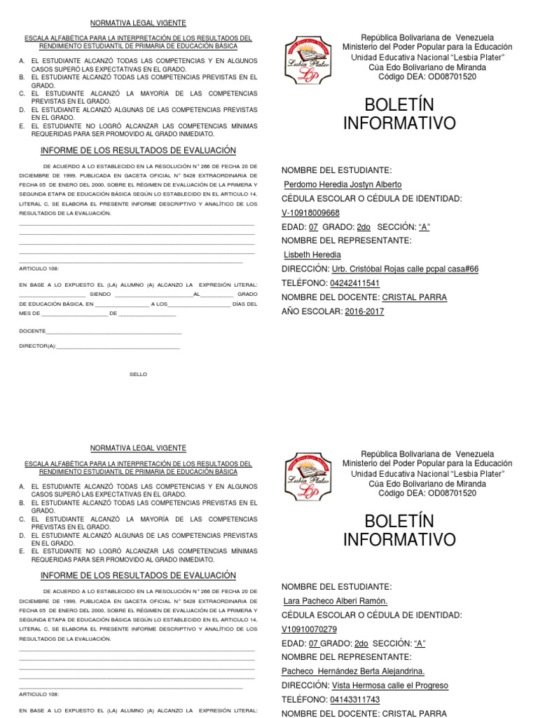 Portadas Boletas 2do A | PDF | Educación primaria | Venezuela