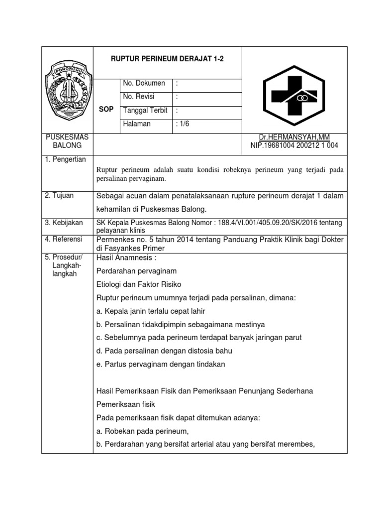 SOP Ruptur Perineum Derajat 1-2 | PDF | Sains & Matematika