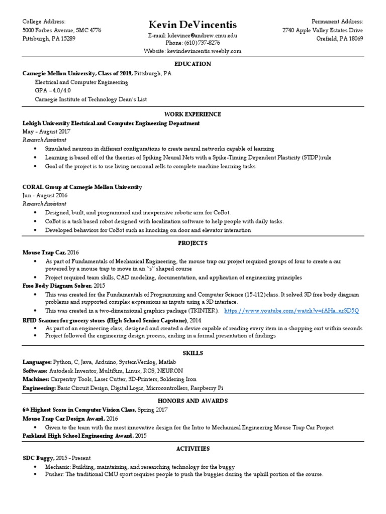 Resume Fall 2017 | PDF | Carnegie Mellon University | Engineering