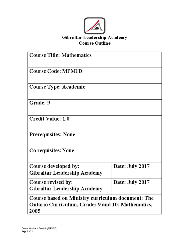 mpm1d Course Outline | PDF | Educational Assessment | Area