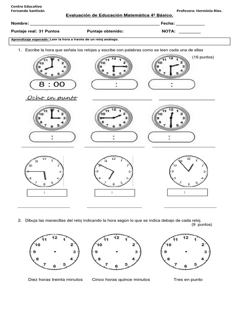 Examen de Reloj para Niños 4º Básico | PDF | Crecimiento personal y ...