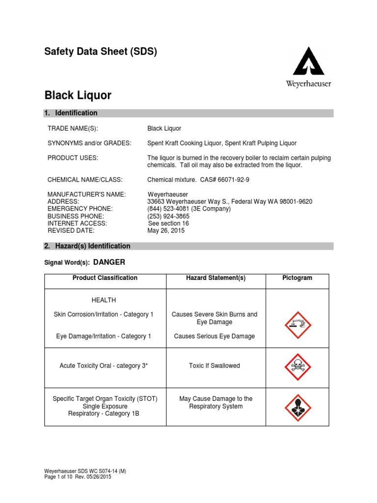 Black Liquor: Safety Data Sheet (SDS) | PDF | Dangerous Goods ...