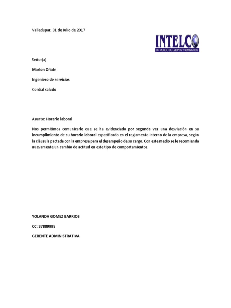 Memorando Horario Laboral ( Segunda Vez)