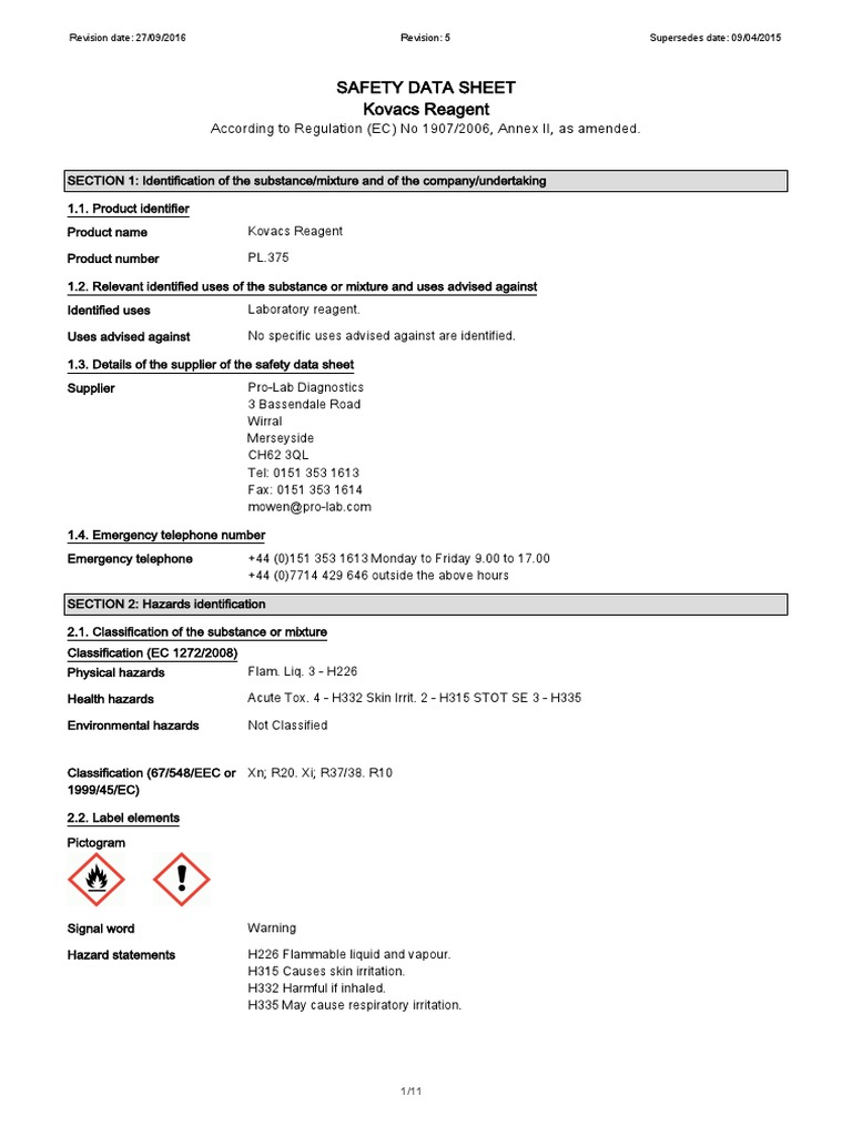 Kovacs Reagent Pl375 Msds Eu | PDF | Toxicity | Personal Protective ...