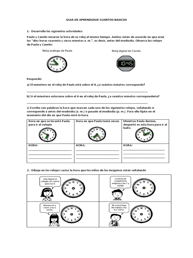 Guia de Aprendizaje Cuartos Basicos | PDF | Hora | Reloj