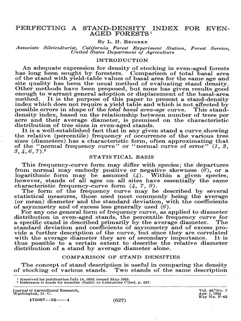 Reineke Origiinal Perfecting A Stand Density Index For Even Aged Stands ...