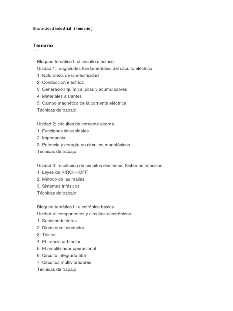 Electricidad Industrial Temario | PDF