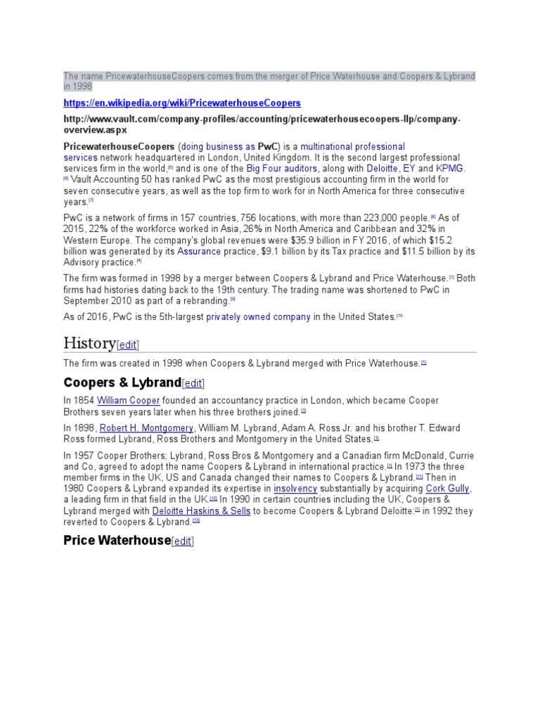 History: Coopers & Lybrand | PDF | Pricewaterhouse Coopers | Companies