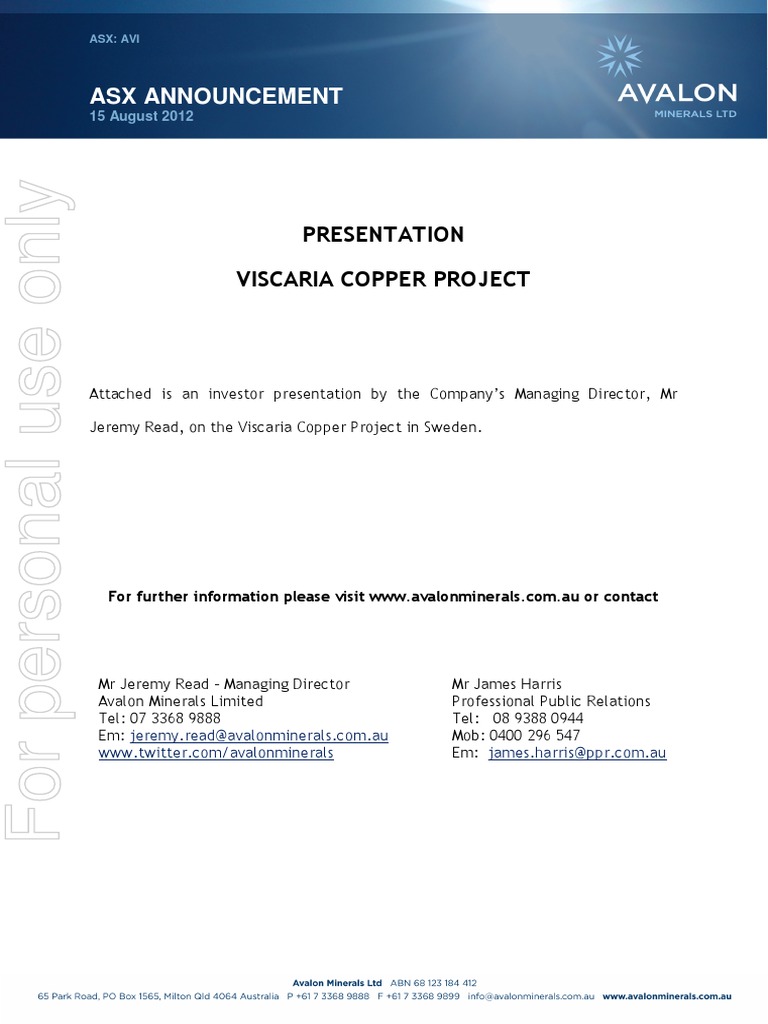 Presentation Viscaria Copper Project Avalon Australia Sweden | PDF ...