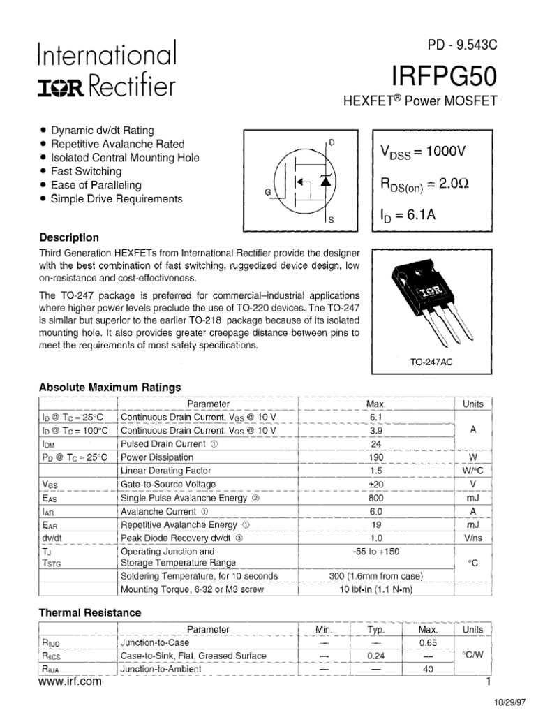 IRFPG50 International Rectifier | PDF | Rectifier | Electricity