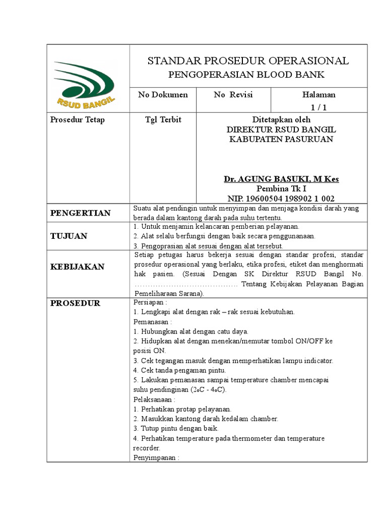SOP Pengoperasian Blood Bank | PDF