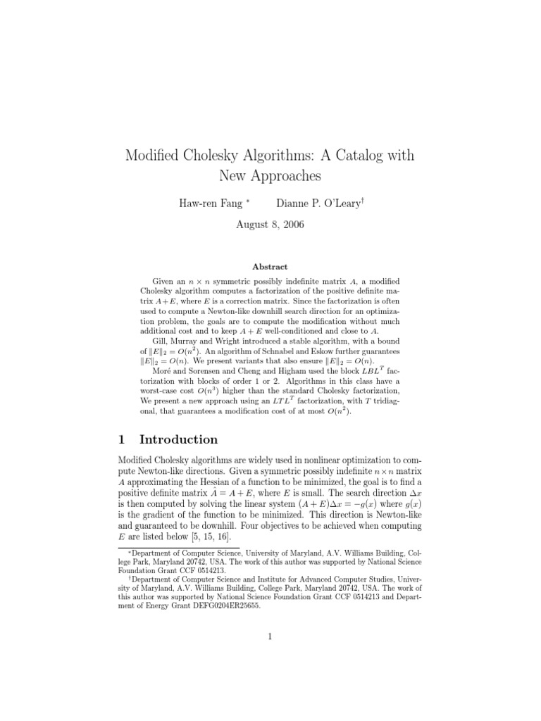 Modified Cholesky Algorithms: A Catalog With New Approaches: Haw-Ren ...