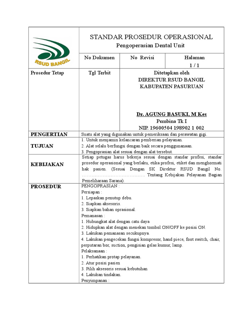 SOP Pengoperasian Dental Unit
