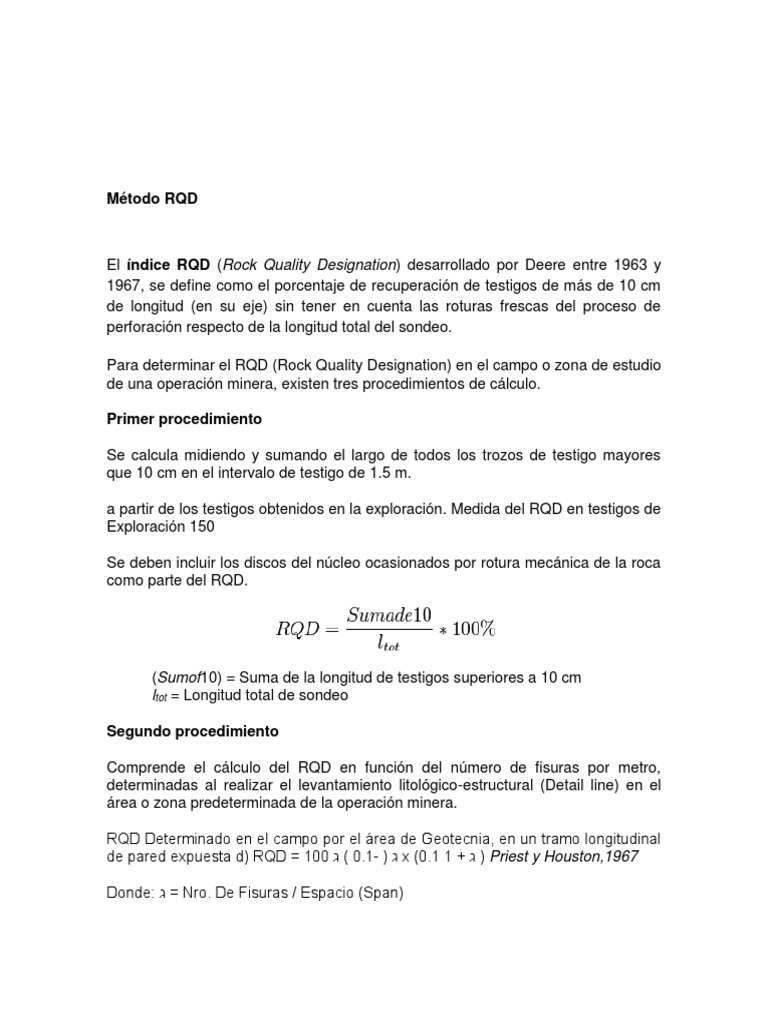 Métodos RQD y RMR en Geotecnia | PDF | Ingeniería geotécnica | Naturaleza