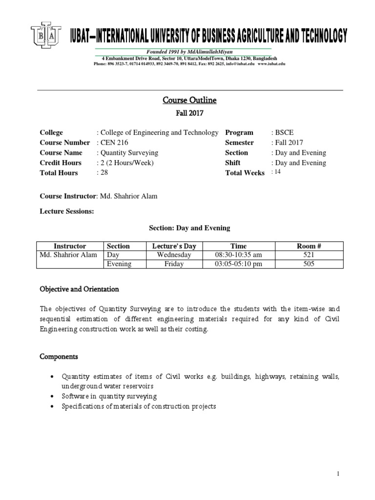 Course Outline - Quantity Surveying | PDF | Test (Assessment) | Academia