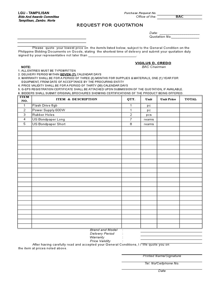 Request For Quotation: Lgu - Tampilisan | Download Free PDF | Cheque ...