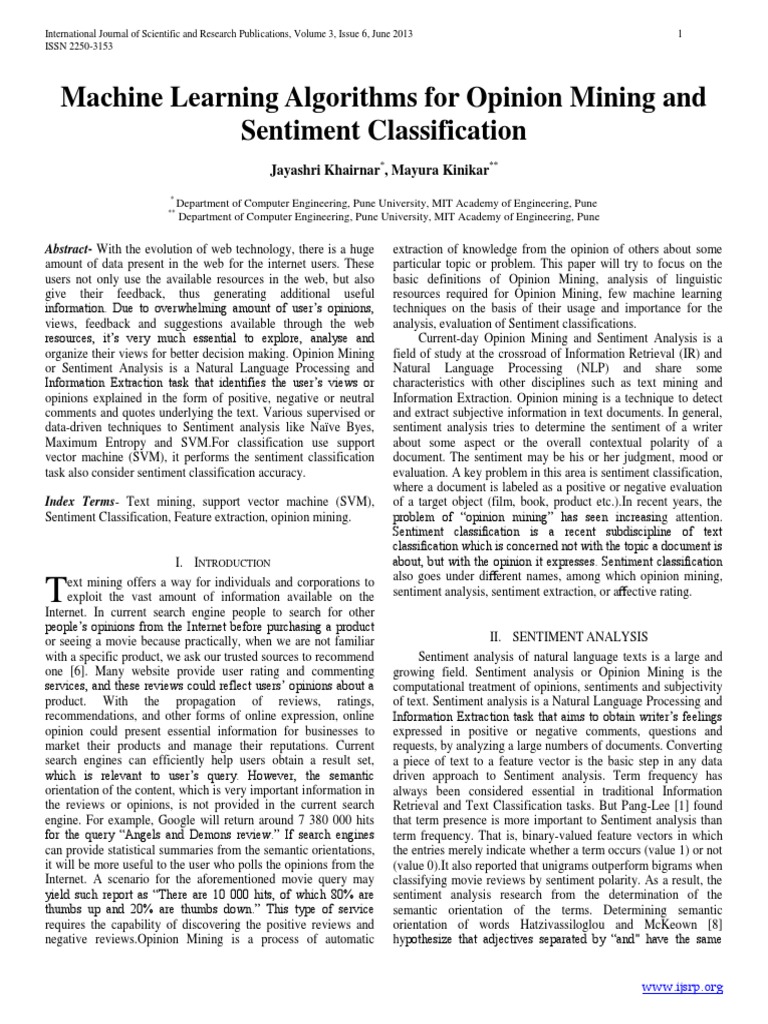 Machine Learning Algorithms For Opinion Mining and Sentiment Classification | PDF | Support ...