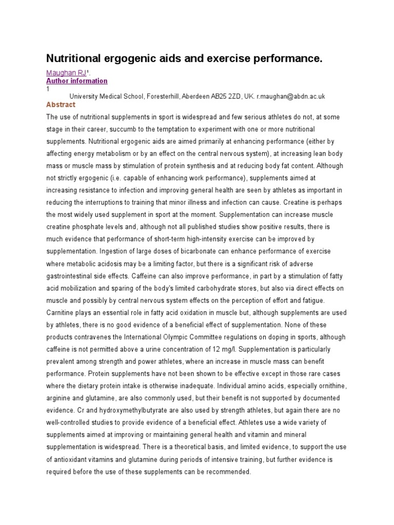 Nutritional Ergogenic Aids and Exercise Performance | PDF | Dietary ...