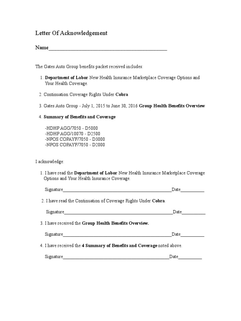 Gates Auto Group Benefits Acknowledgement | PDF