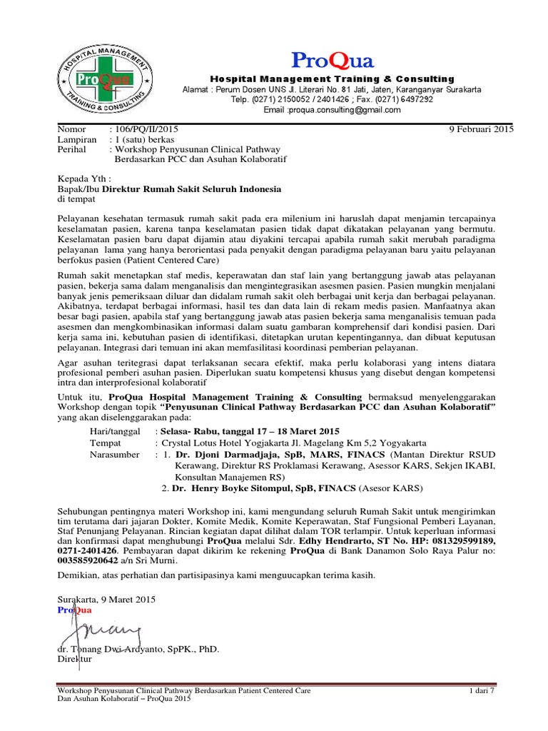 Surat Pengantar Dan TOR Clinical Pathway Sebagai Implementasi PCC | PDF