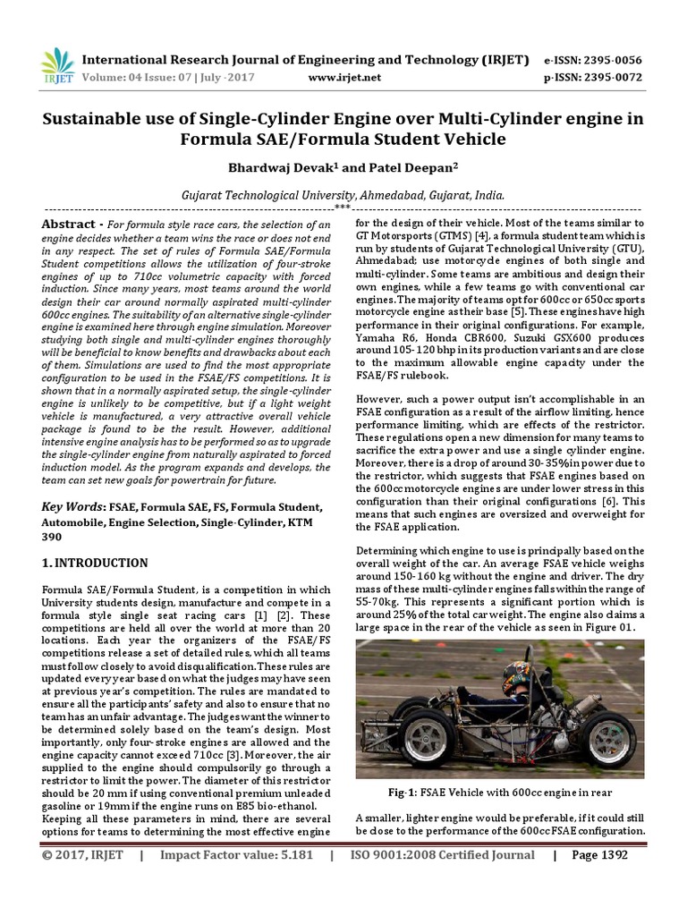 Sustainable Use of Single-Cylinder Engine Over Multi-Cylinder Engine in ...