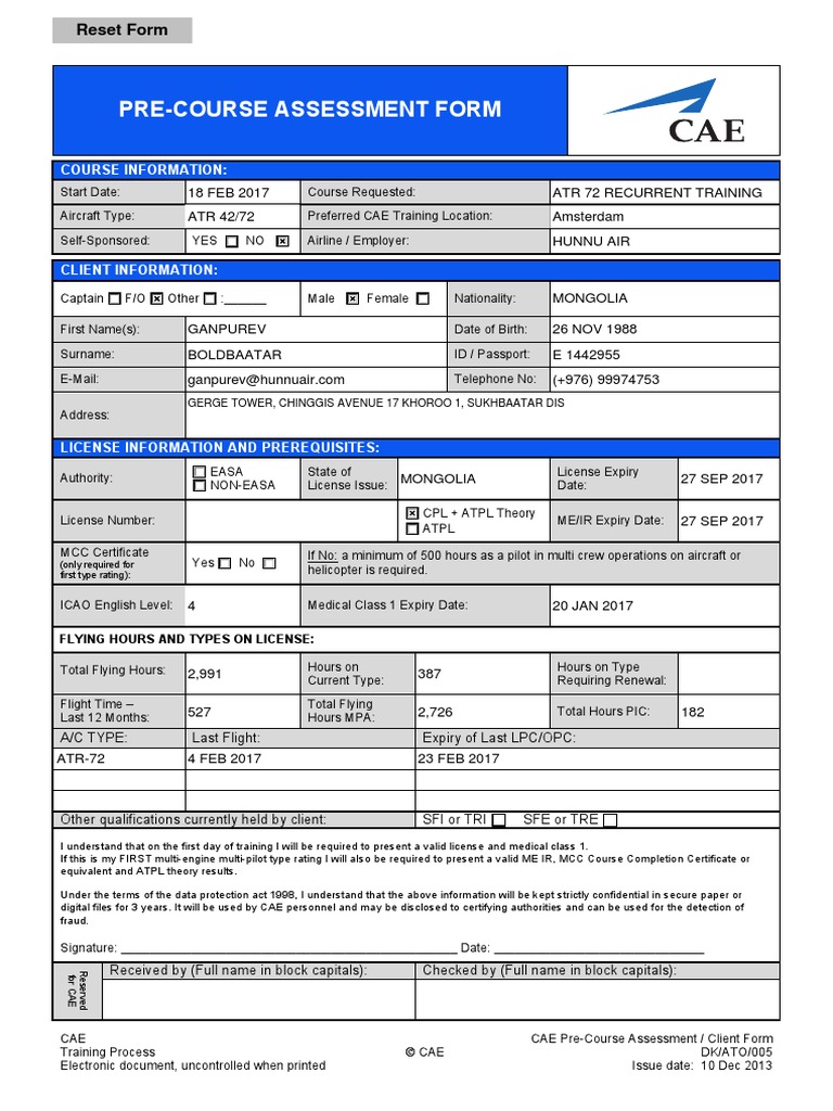 Pre-Course Assessment Form v3 Fillable Vect | Aviation | Aeronautics