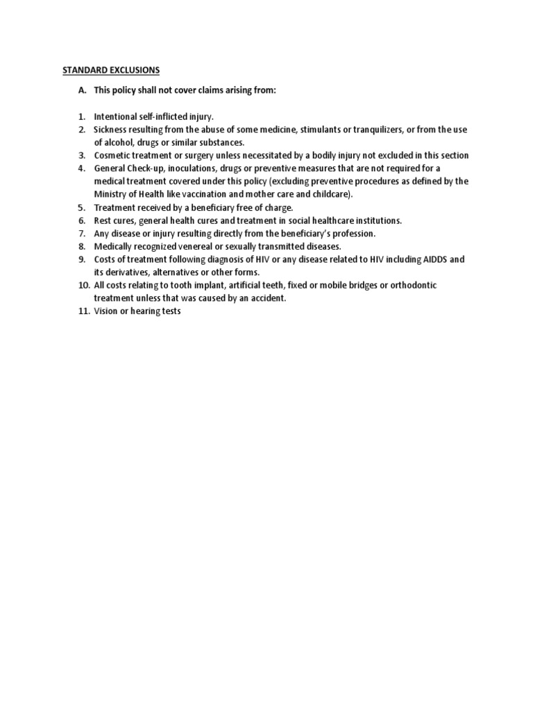 Standard Exclusions A. This Policy Shall Not Cover Claims Arising From ...