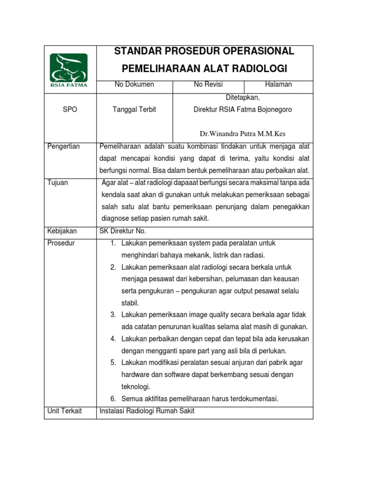 Standar Prosedur Operasional Pemeliharaan Alat Radiologi | PDF