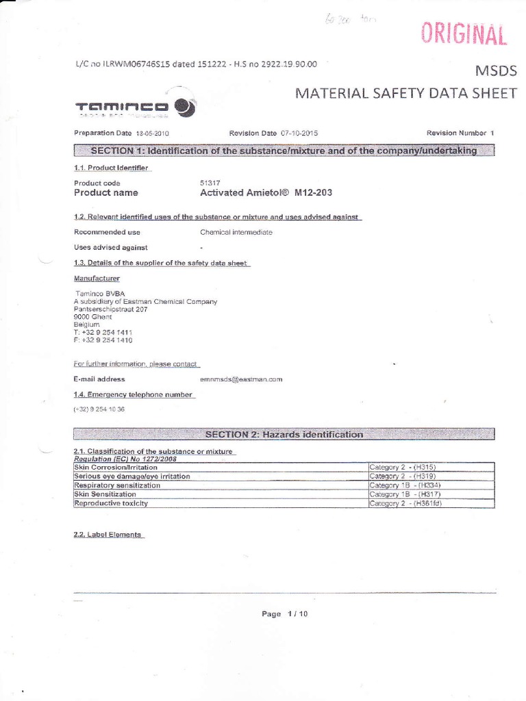 MSDS aMDEA Taminco | PDF | Toxicity | Occupational Safety And Health