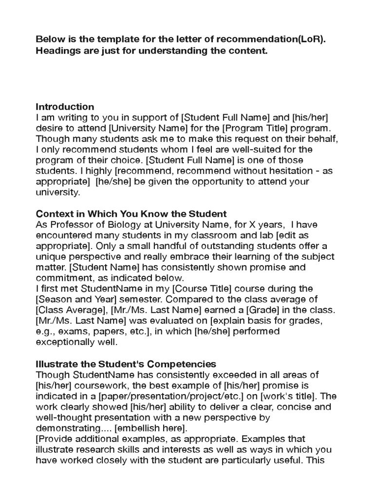 Below Is The Template For The Letter of Recommendation (Lor) - Headings ...