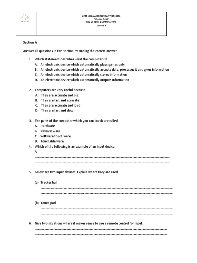 Grade 8 Computer Monthly Test January | PDF | Input/Output | Computer ...