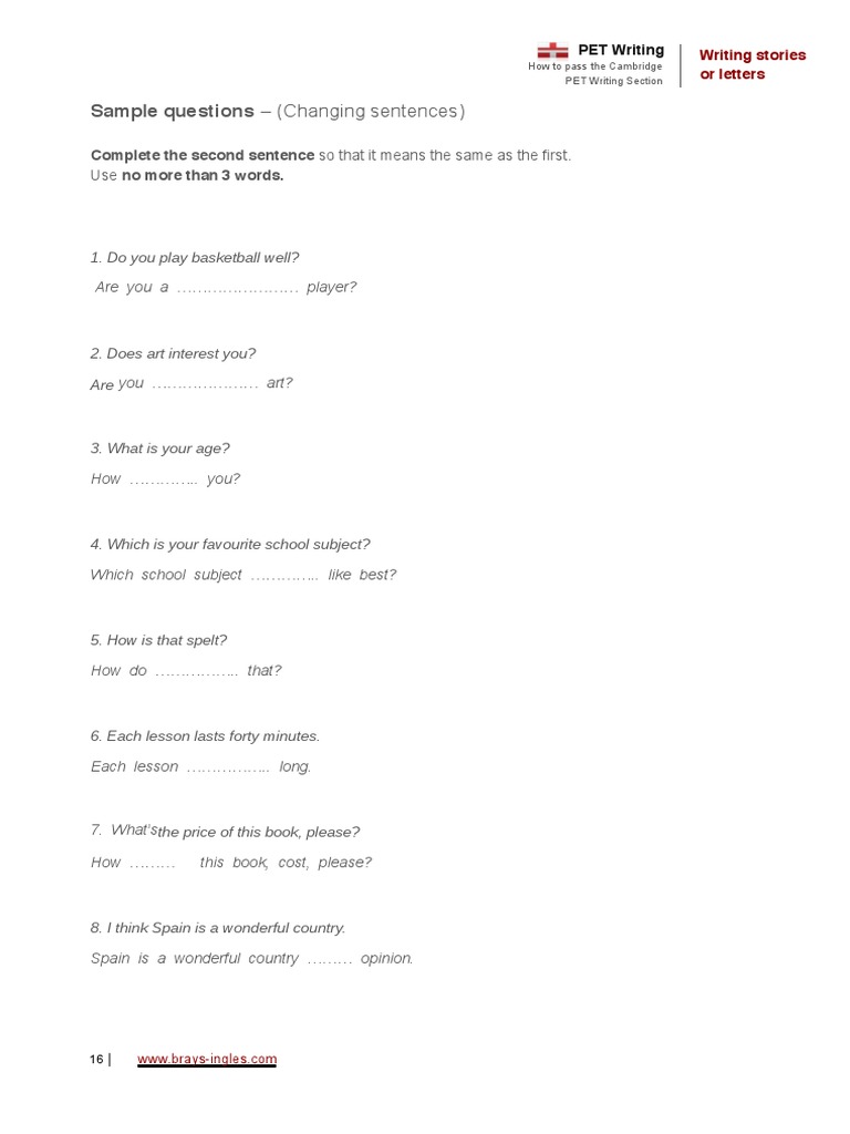 Sample Questions - (Changing Sentences) : Use No More Than 3 Words ...