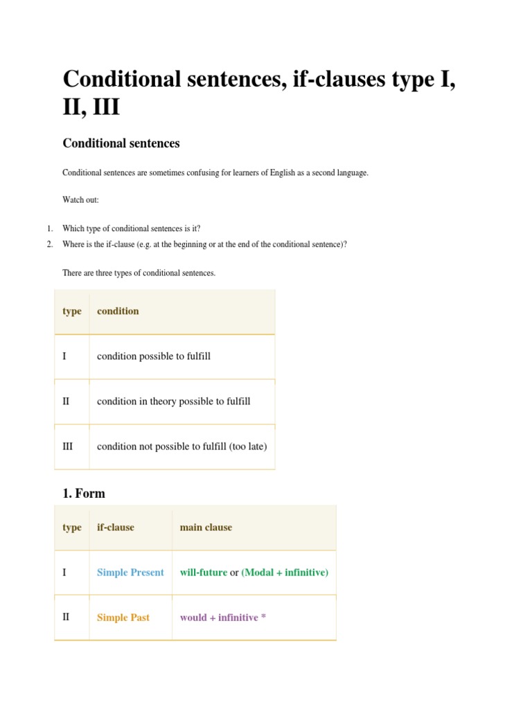 Conditional Sentences, If-Clauses Type I, Ii, Iii | PDF | Sentence (Linguistics) | Linguistic ...
