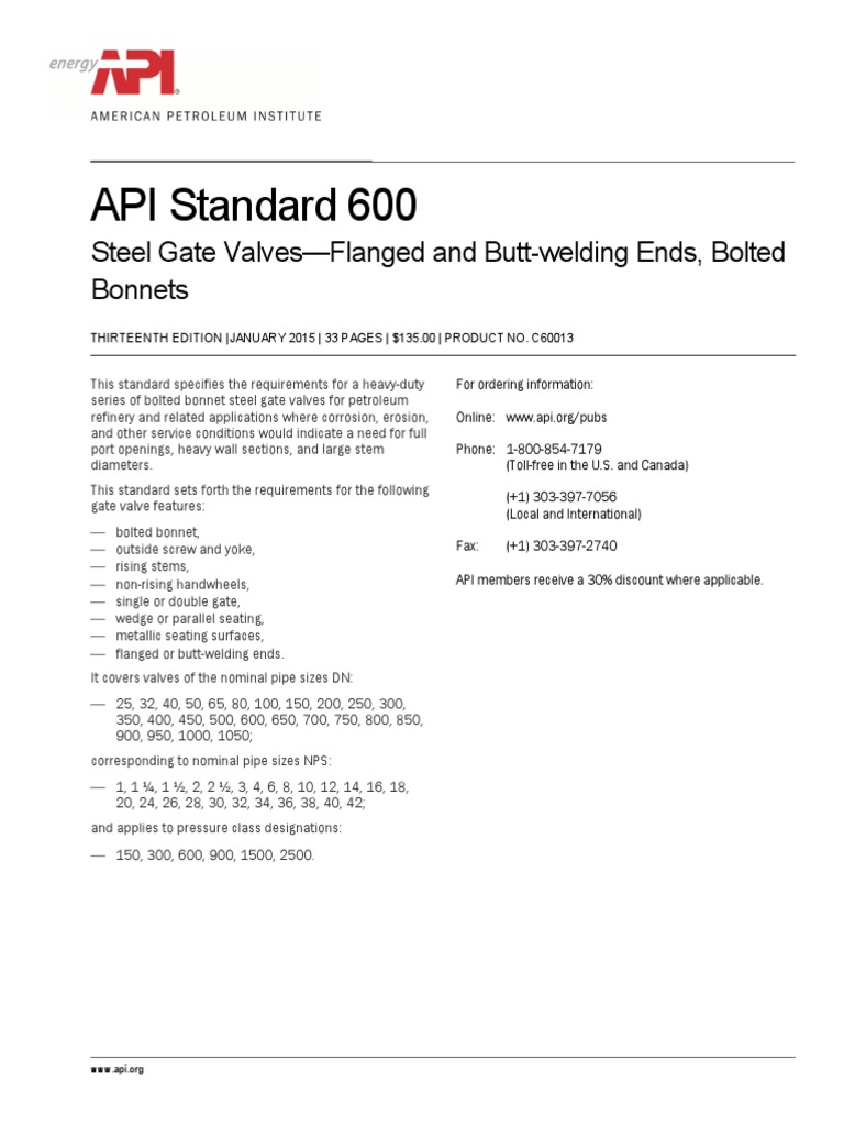 API Standard 600: Steel Gate Valves-Flanged and Butt-Welding Ends ...