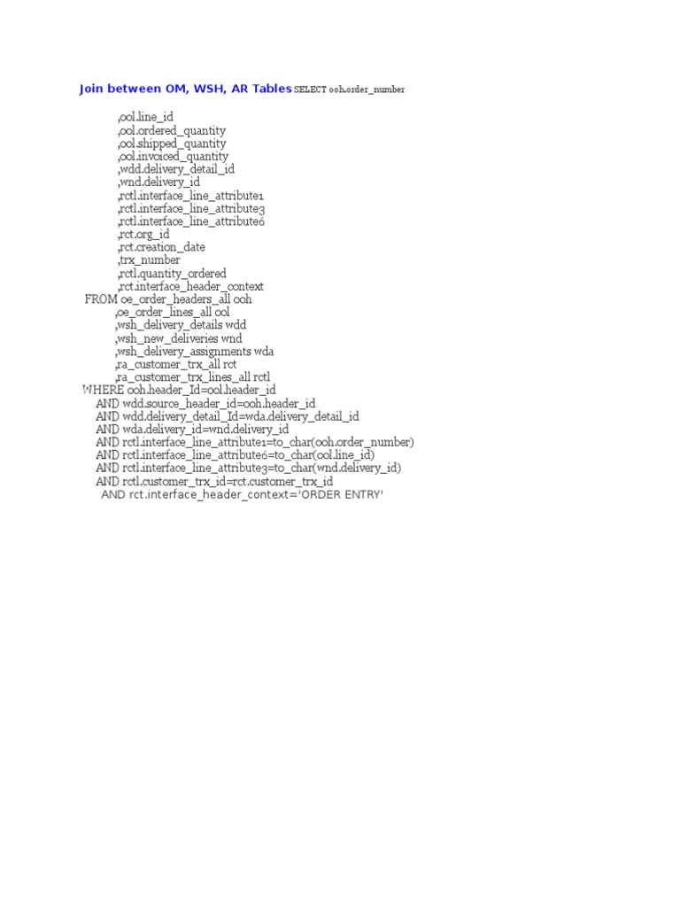 Join Between OM, WSH, AR Tables: SELECT Ooh - Order - Number | PDF