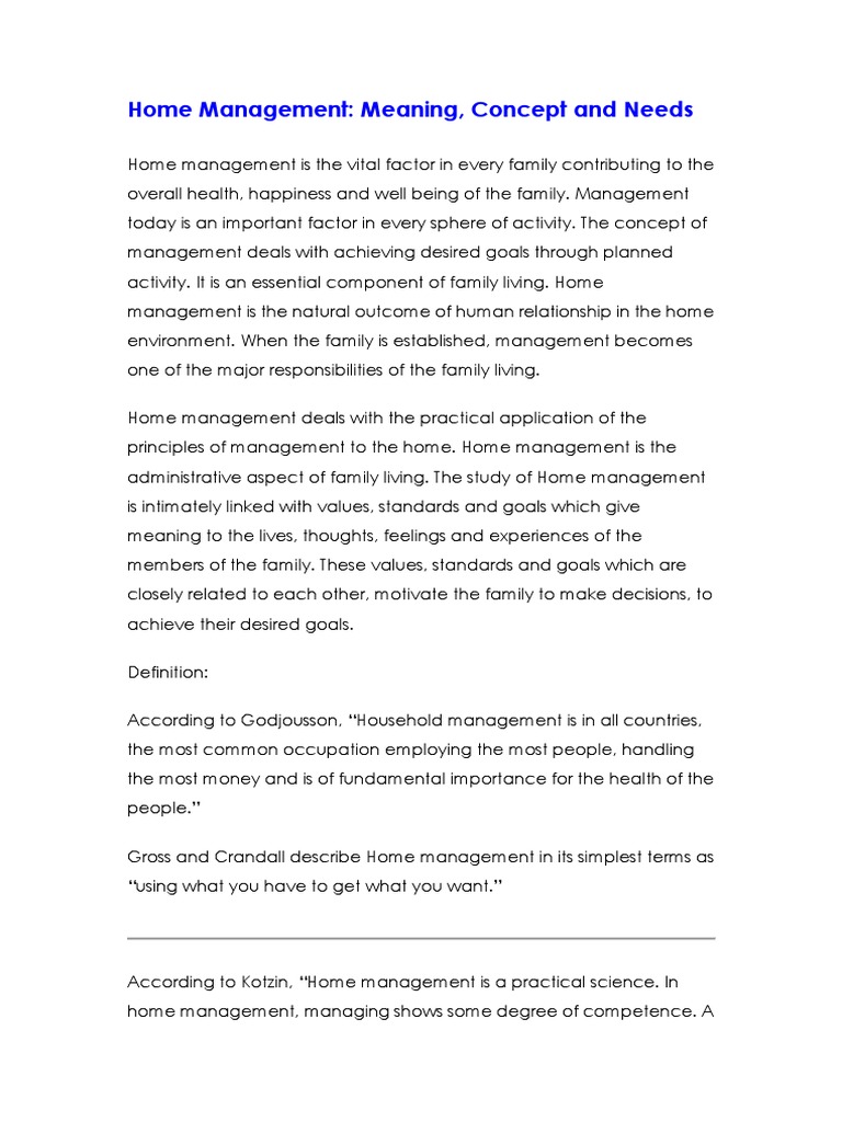 Home Management: Meaning, Concept and Needs | PDF | Goal | Resource