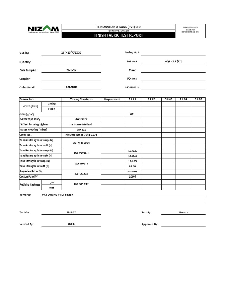 Finish Fabric Test Report: H. Nizam Din & Sons (PVT) LTD | PDF ...