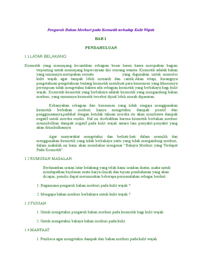 Pengaruh Bahan Merkuri Pada Kosmetik Terhadap Kulit Wajah | PDF
