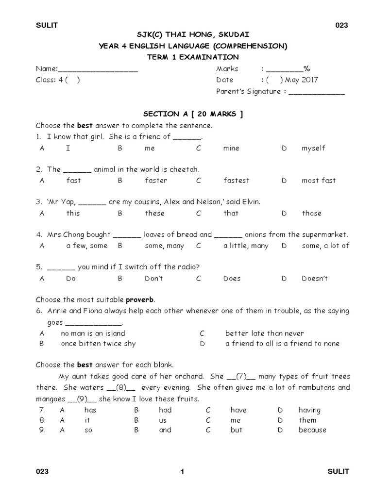 Year 4 English Comprehension Exam | PDF | Online And Offline | Internet