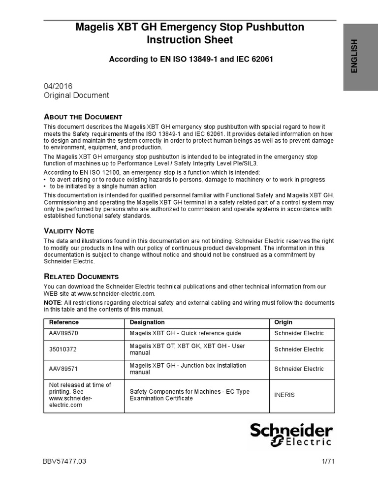 Magelis XBT GH Emergency Stop Pushbutton Instruction Sheet: According ...