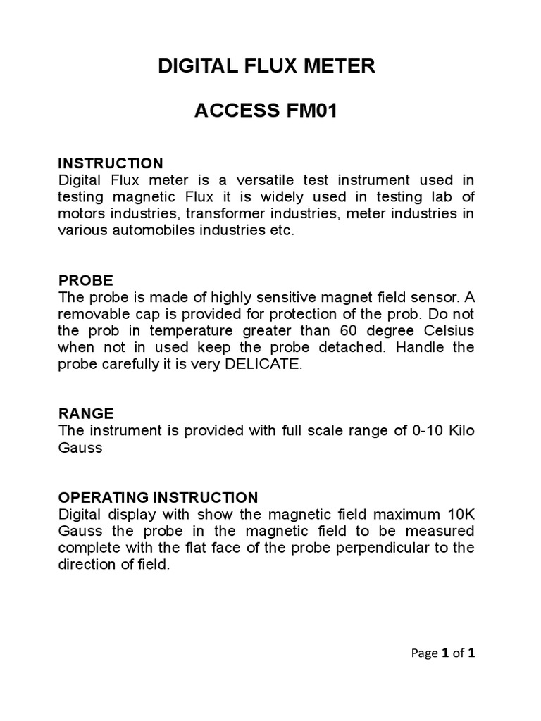 Digital Flux Meter Access Fm01: Instruction | PDF
