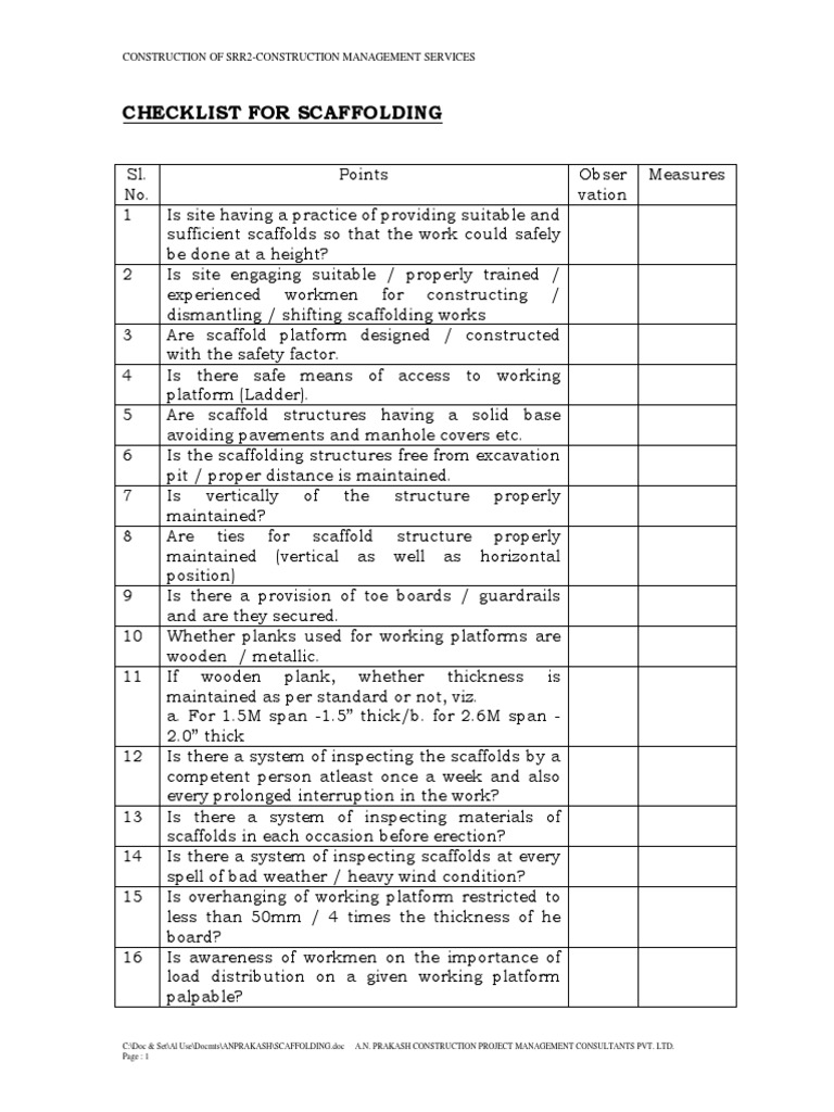 Checklist For Scaffolding: Construction of Srr2-Construction Management ...