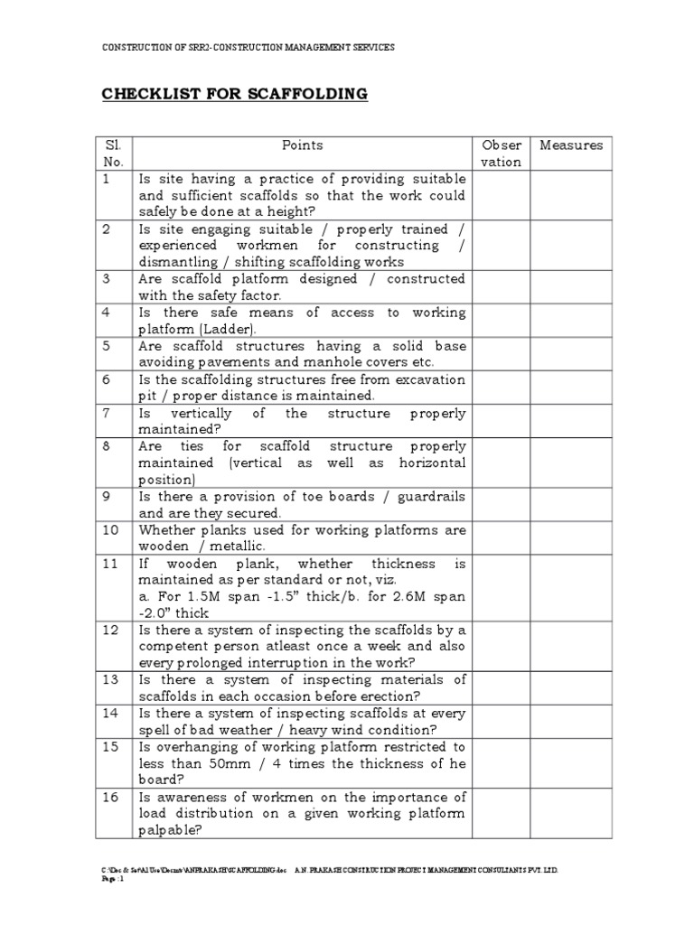 @CHECKLIST FOR SCAFFOLDING.docx | Scaffolding | Equipment