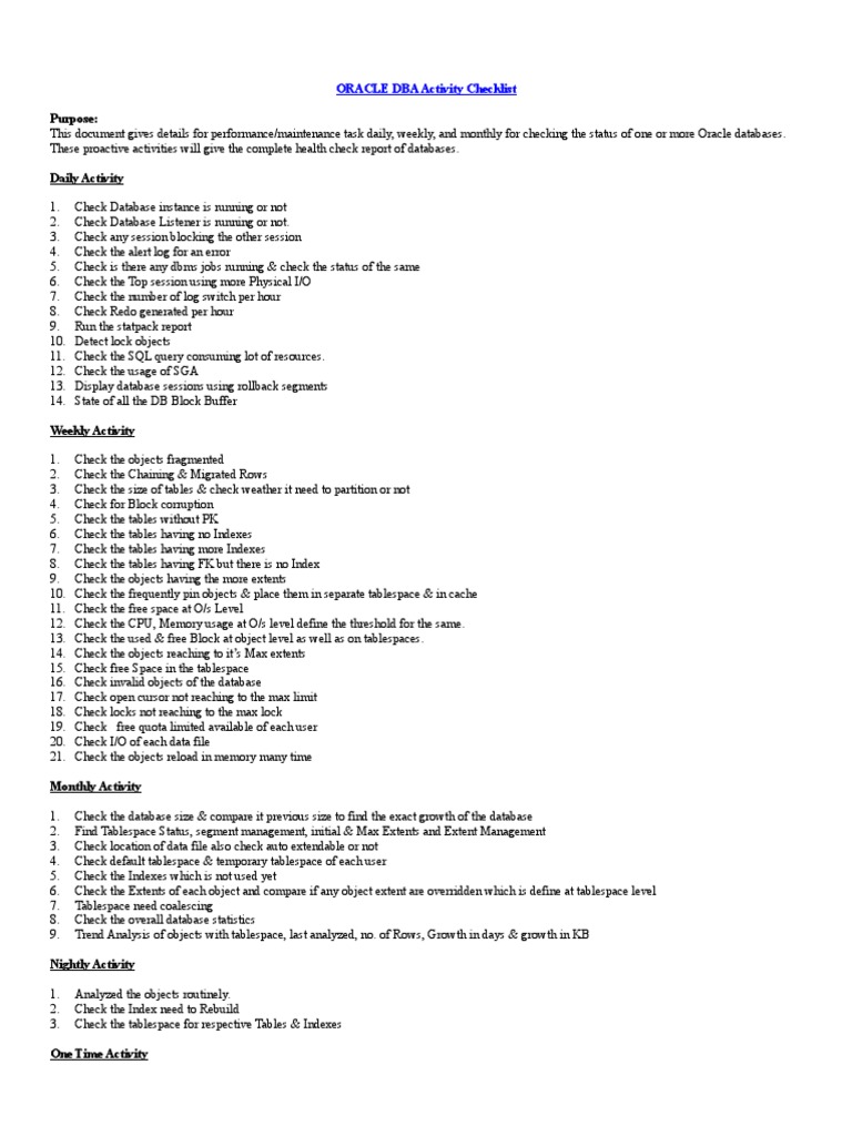ORACLE DBA Activity Checklist | PDF | Oracle Database | Database Index