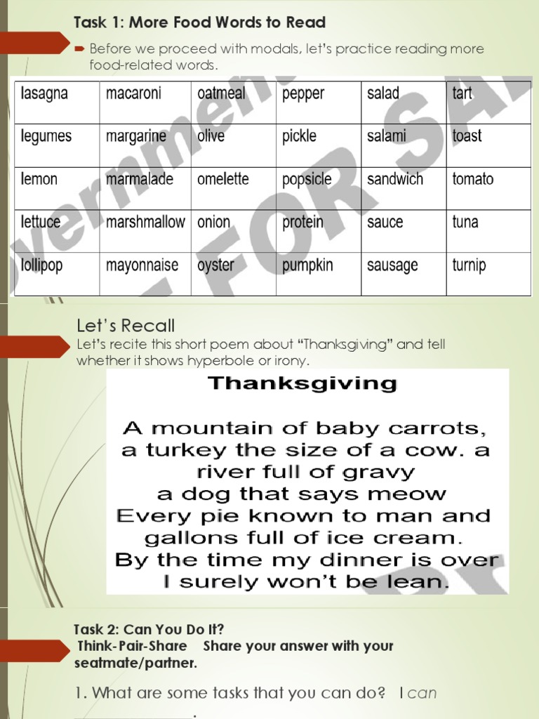 Food Words and Modal Verbs Practice | PDF