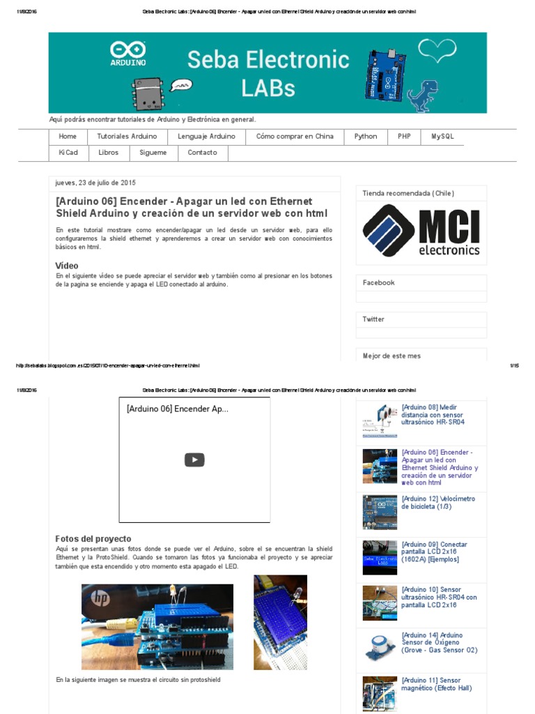 Seba Electronic Labs Arduino 06 Encender Apagar Un Led Con Ethernet Shield Arduino Y 