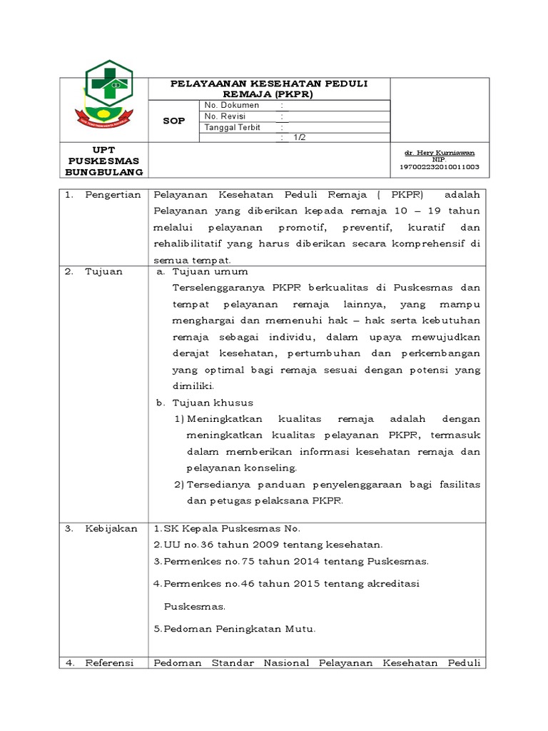 SOP Pelayanan Kesehatan Remaja PKPR | PDF